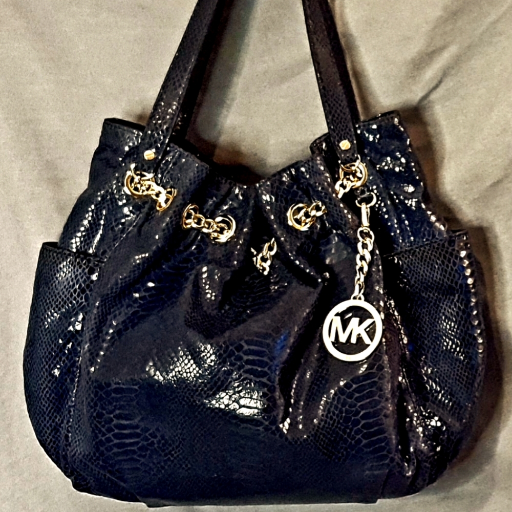 Michael Kors Large Patent Leather Snake Embossed Navy… - Gem